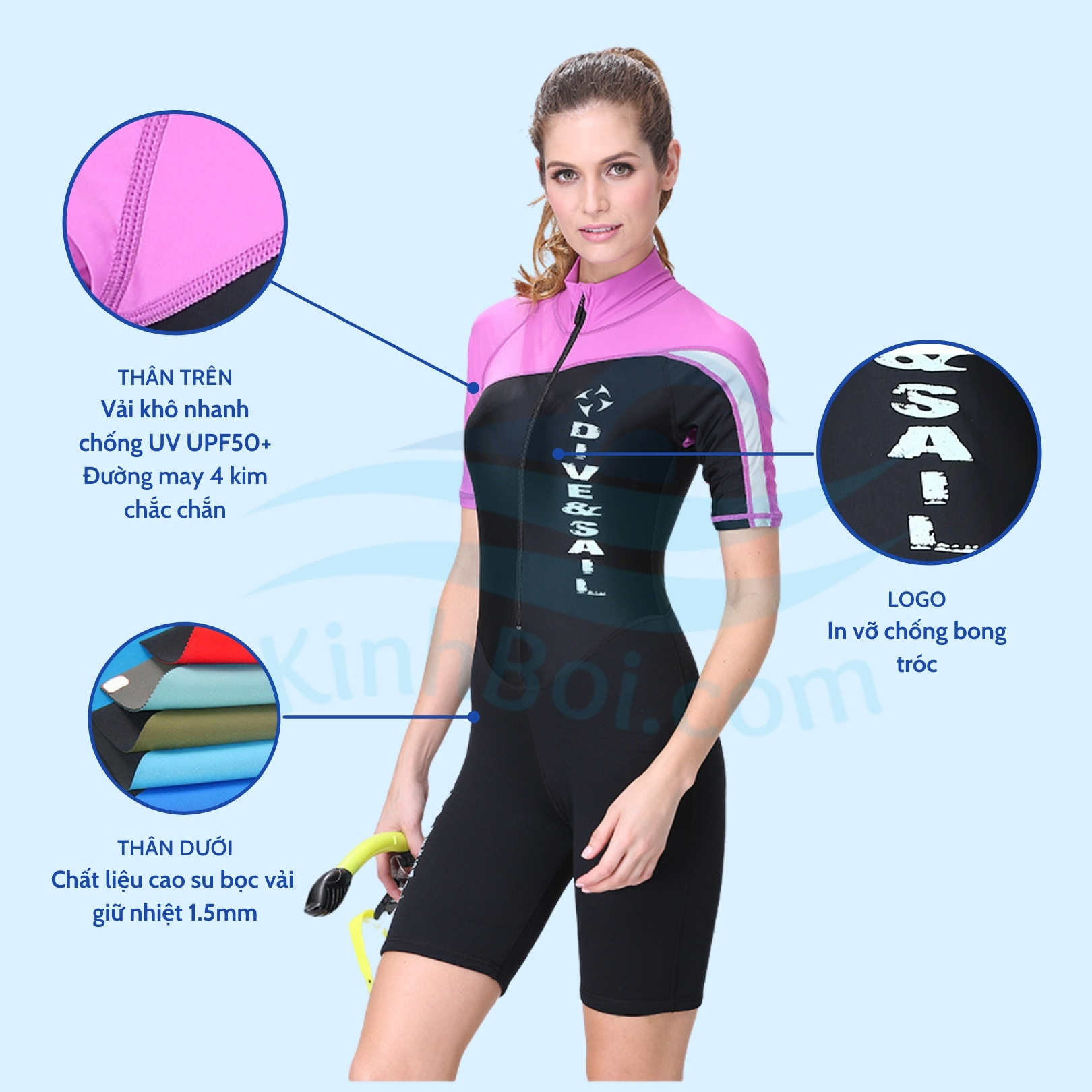 Đồ Bơi Nữ Giữ Ấm DS606 Đen Tím Quần Giữ Nhiệt Áo Cộc Tay Liền Thân - KinhBoi.com